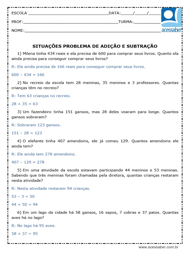 Atividade de Matematica Situacoes Problema de Adicao e Subtracao 3 Ano e 4 Ano Respostas | PDF ...