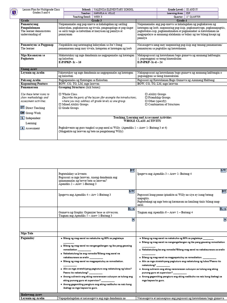 Lesson Plan For Multigrade Class Grades 3 and 4 Quarter | PDF
