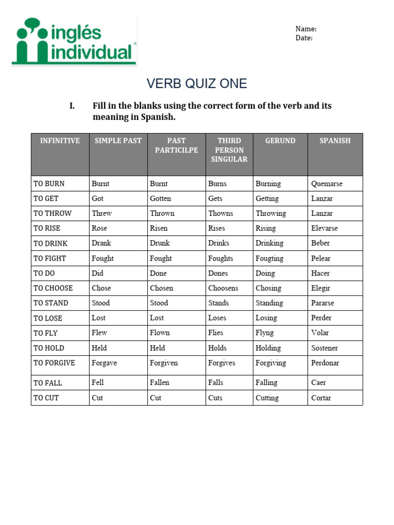 Verb Quiz One Test Nuevo | PDF | Language Families | Language Mechanics