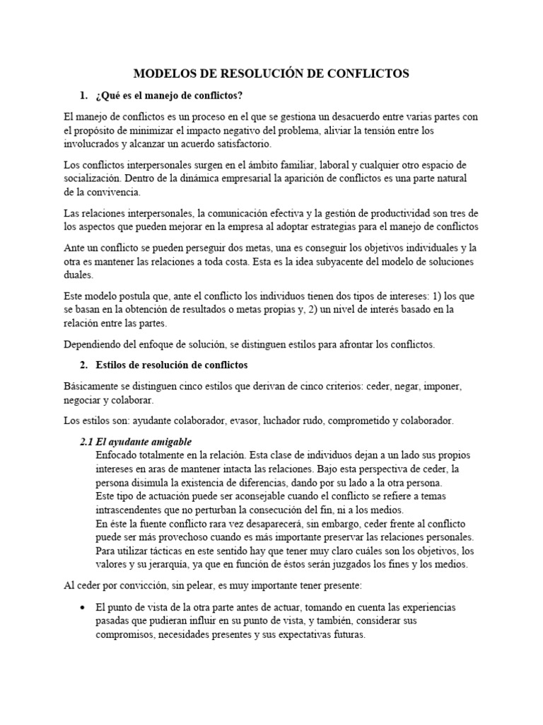 Modelos de Resolución de Conflictos | PDF | Conflicto (proceso) | Negociación
