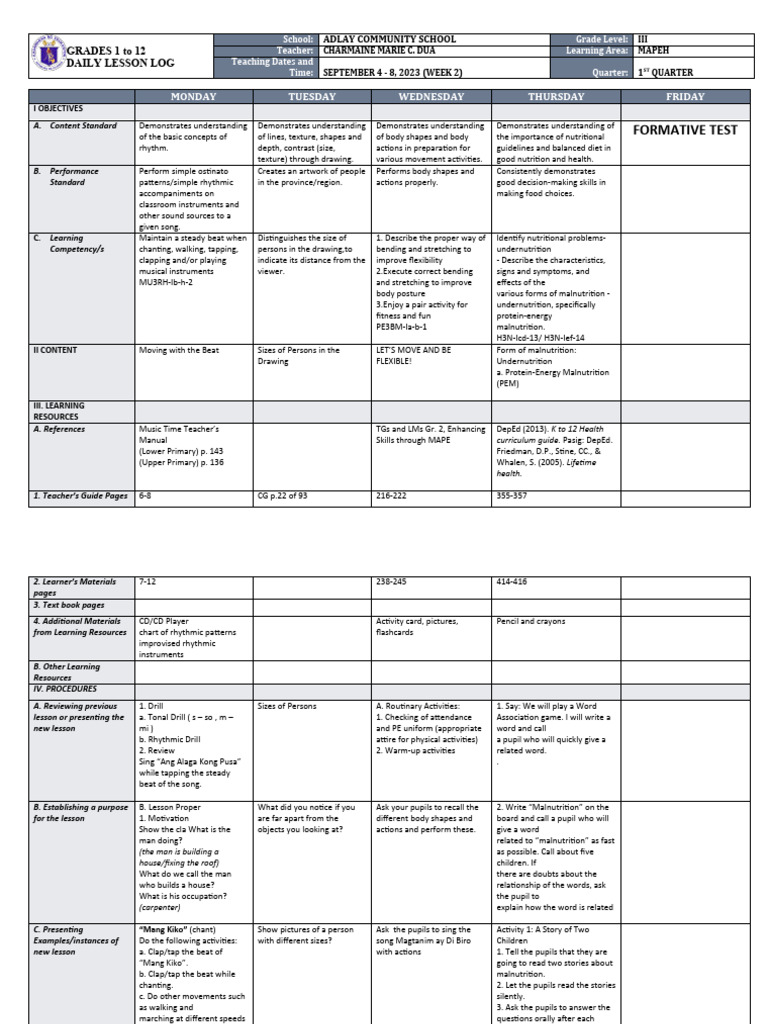 DLL - Mapeh 3 - Q1 - W2 | PDF | Malnutrition | Teachers