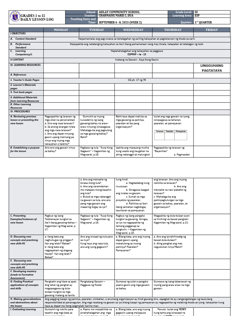 DLL - Esp 3 - Q1 - W2 | PDF