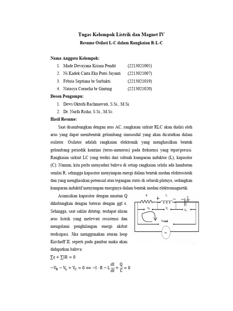 Tugas Kelompok Listrik Dan Magnet - Tugas 4 - Materi Osilasi LC Dalam Rangkaian RLC | PDF
