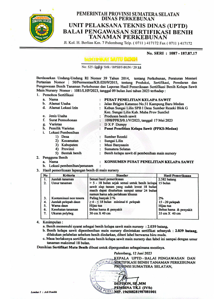 Sertifikat Mutu Benih Nib 01,02,03,04,05,06 2022 Sebanyak 145.056 BTG | PDF