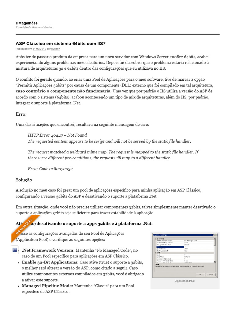 Asp Clássico Em Sistema 64bits Com Iis7 Pdf Active Server Pages Asp Serviços De