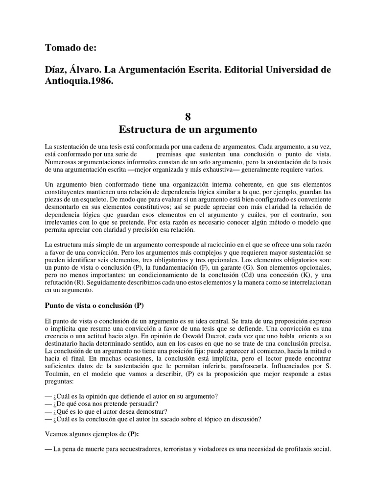 LECTURA. Estructura Del Argumento - Álvaro Díaz-La Argumentación ...