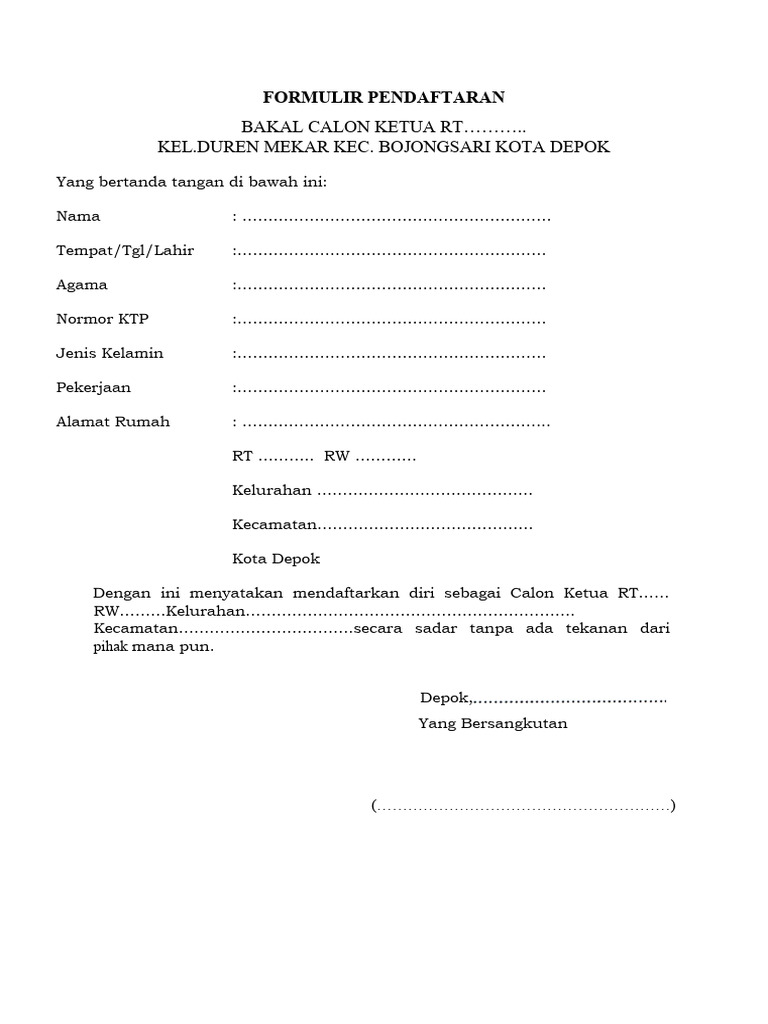 Formulir Pendaftaran Ketua RT | PDF