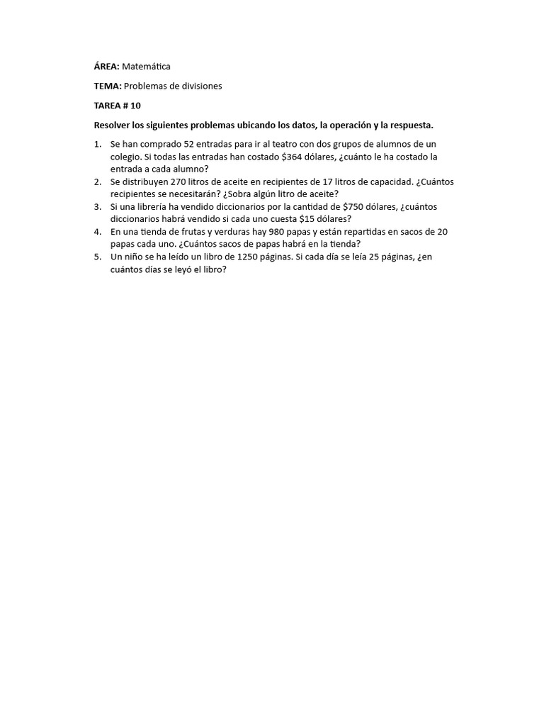 Tarea Problemas de Divisiones | PDF