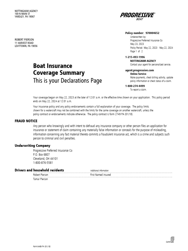 Progressive Boat Insurance Declarations | PDF | Fraud | Insurance