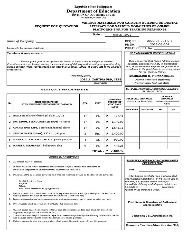 Request For Quotation RFQ 2023 BLANK | PDF | Receipt | Economies