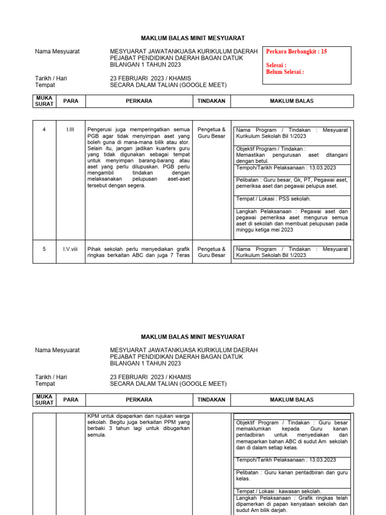 PPDBGD PK15 - 1 Maklum Balas MJKD Bil. 1 2023 SJKT JEN 3 | PDF