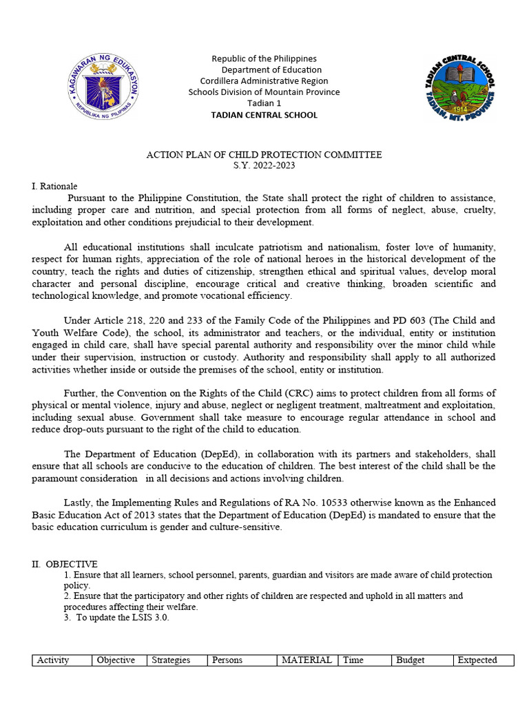 Action Plan of Child Protection Policy 2022-2023 | PDF | Child Abuse ...