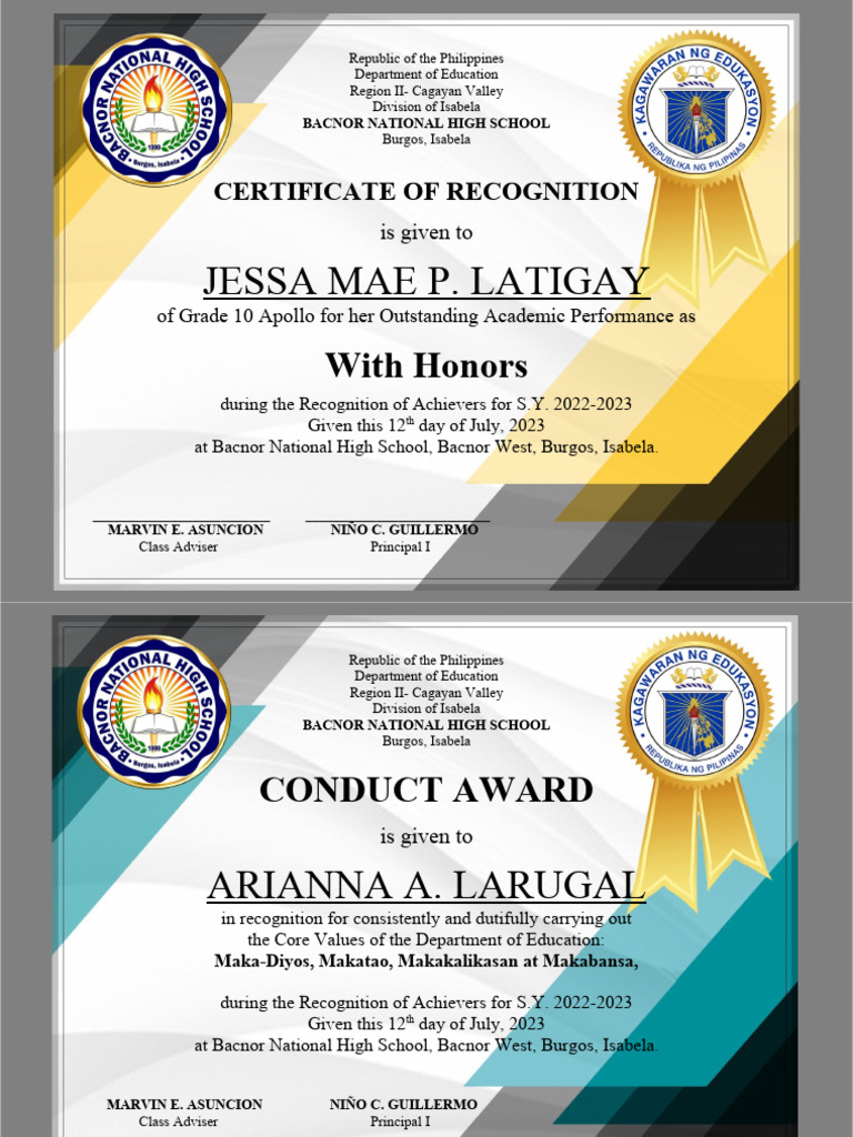 Award Certificates (Honors, Conduct, Perfect Attendance) | PDF ...