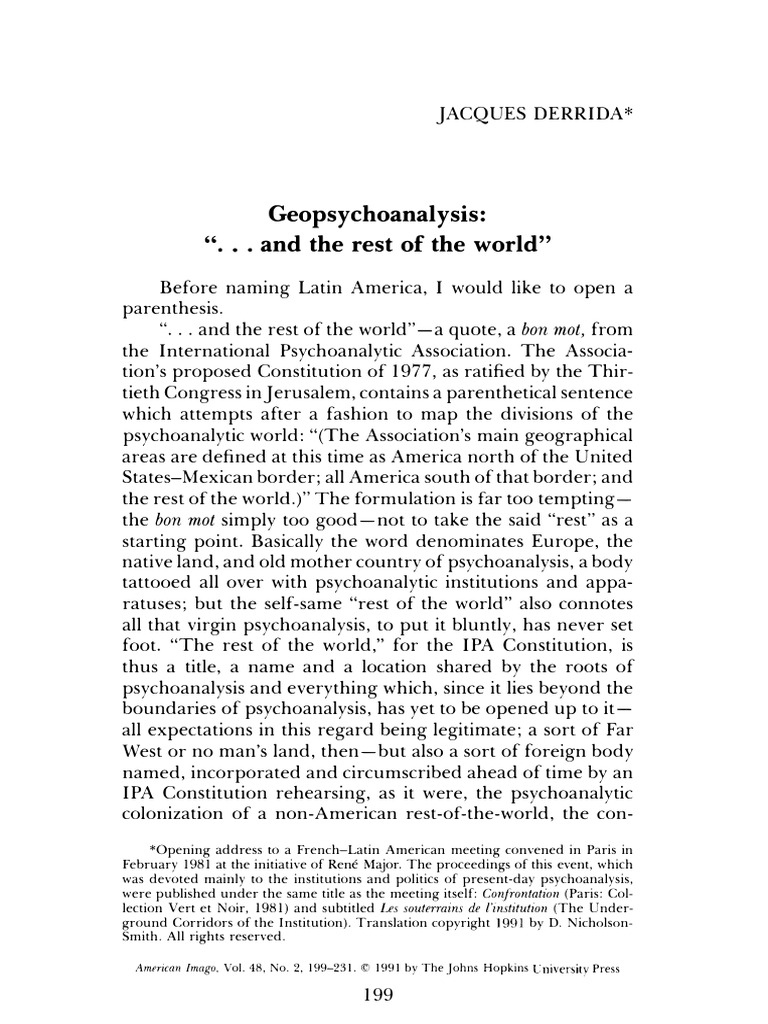 Derrida, Jacques - Geopsychoanalysis, (1991) 48 Am Imago 199 | PDF ...