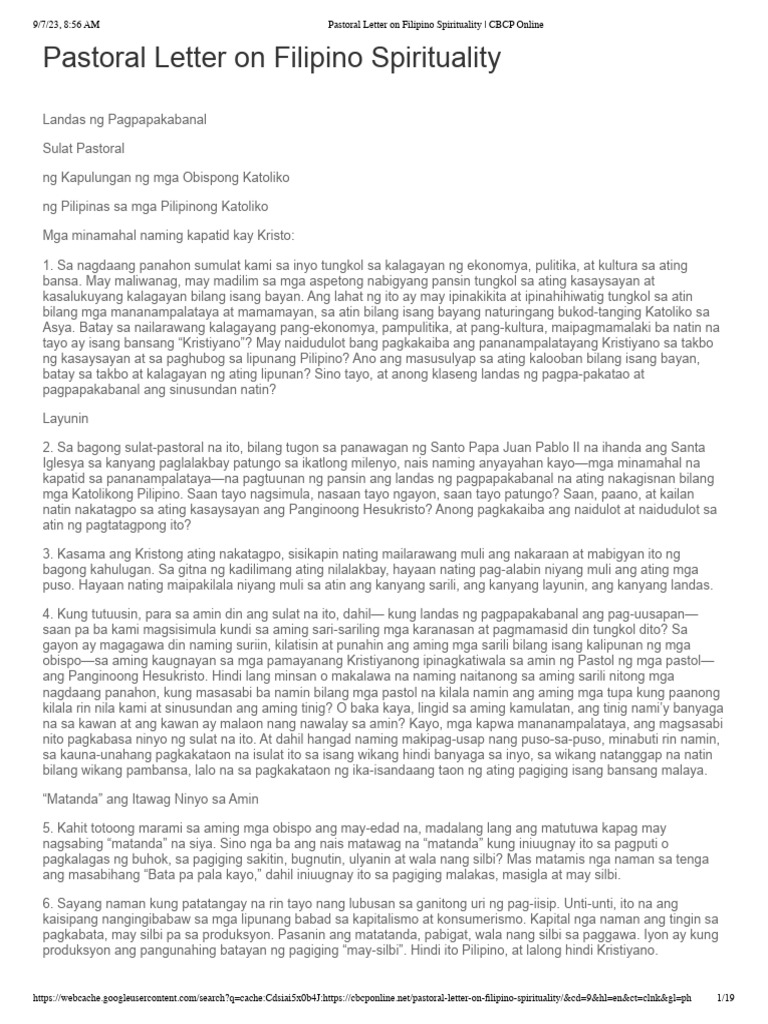 Pastoral Letter On Filipino Spirituality - CBCP Online | PDF