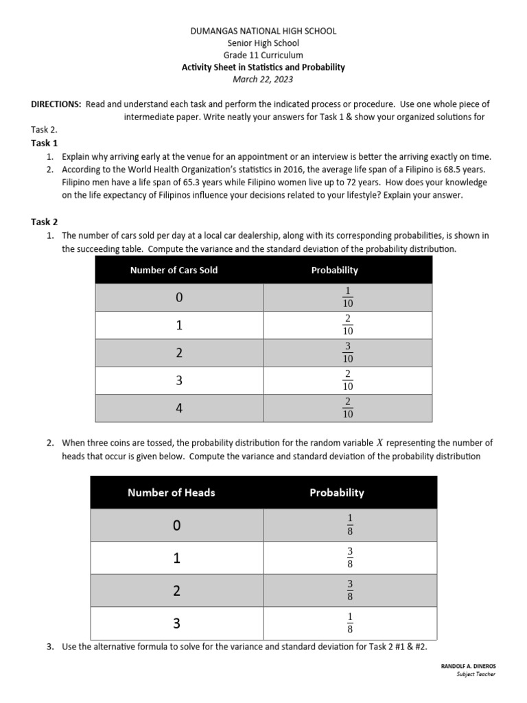 Enrichment Activities-Mean Variance and Standard Deviation | PDF ...