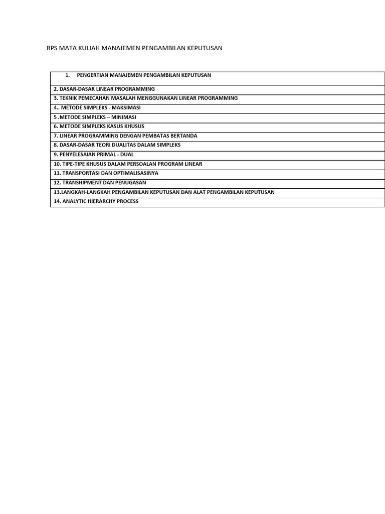 Rps Mata Kuliah Manajemen Pengambilan Keputusan | PDF