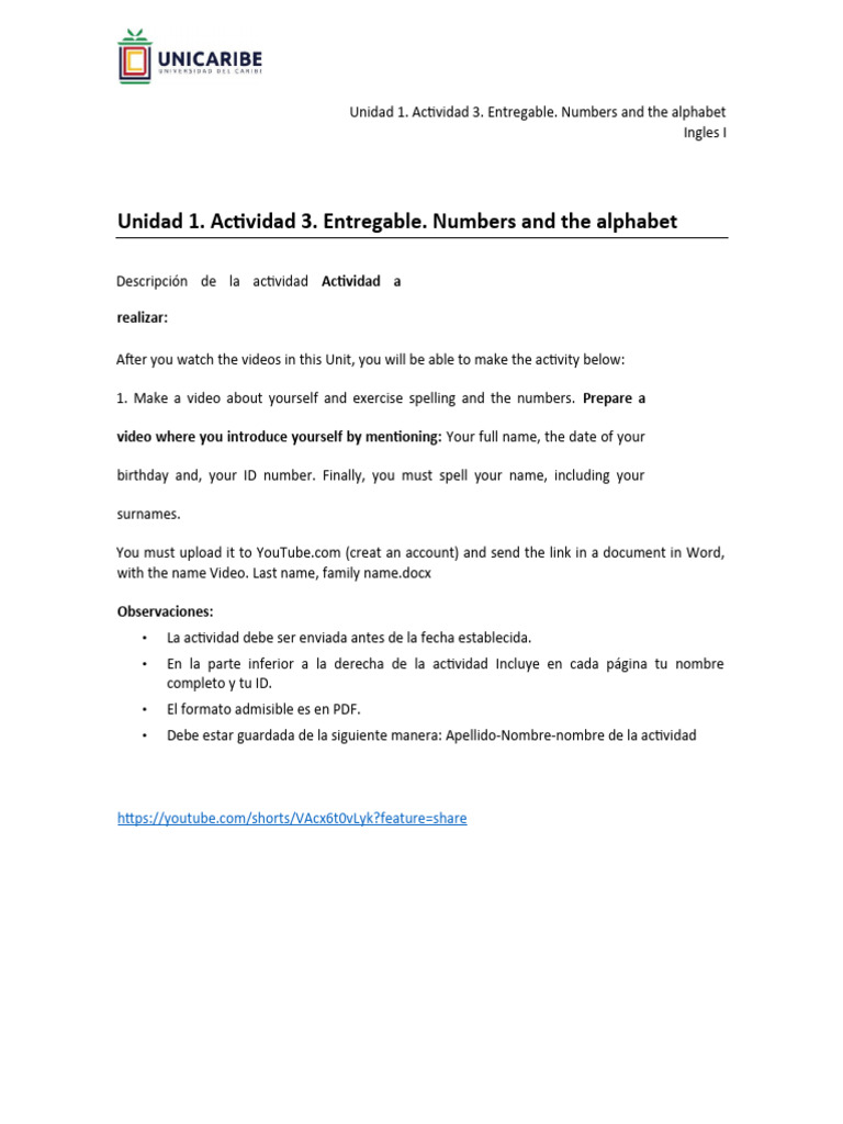 Unidad 1. Actividad 3. Entregable. Numbers and The Alphabet PDF | PDF