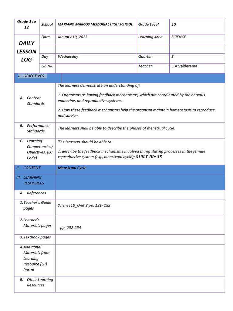 DLP VALDERAMA Carla Ann - BSE SCIENCE IV DEMO | PDF | Menstrual Cycle ...