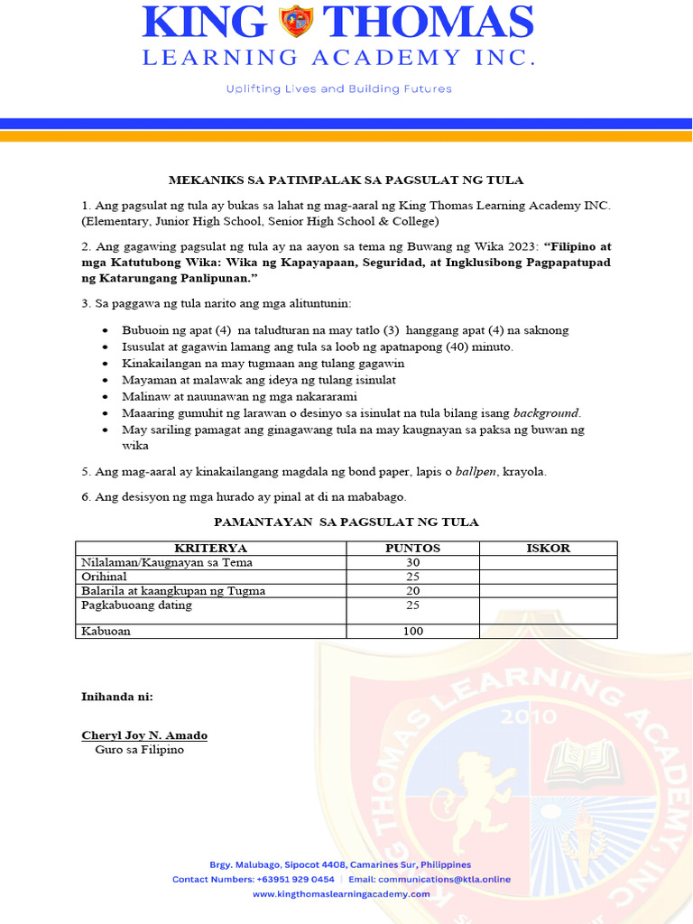 Mekaniks Sa Patimpalak Sa Pagsulat NG Tula | PDF