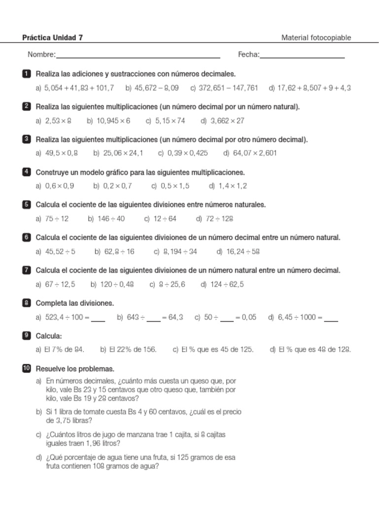 Practico de Operaciones Con Decimales | PDF