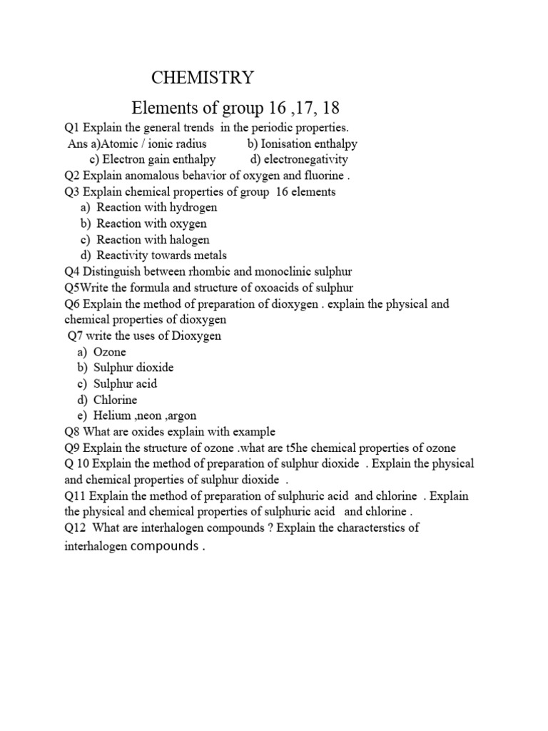 Group 16-18 Elements: Properties & Trends | PDF | Technology & Engineering