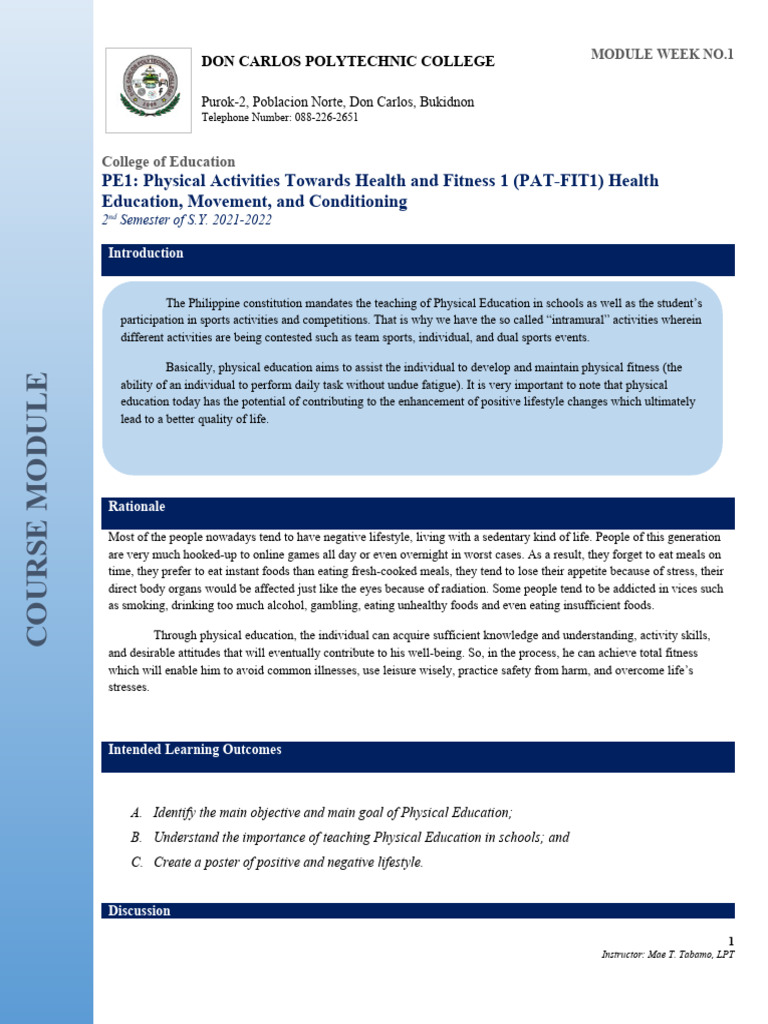 Pe1 W1 C.module | PDF | Skeletal Muscle | Physical Education