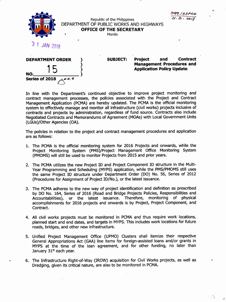 DPWH DO 015 - s2018 Project & Contract Management Application (PCMA ...