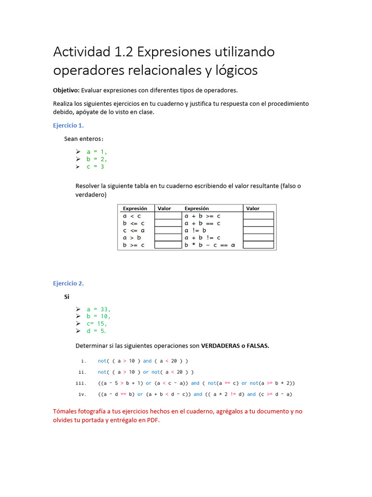 Actividad 1.2 Expresiones (Operadores Relacionales y Lógicos) | PDF