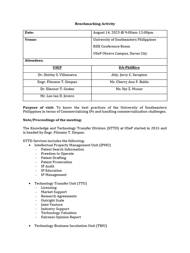 Benchmarking Activity Minutes - USEP | PDF | Innovation | Technology ...