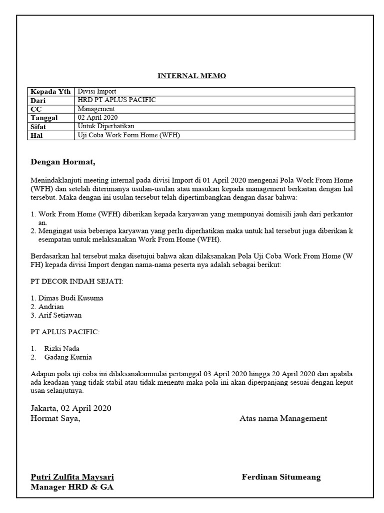 Internal Memo WFH | PDF