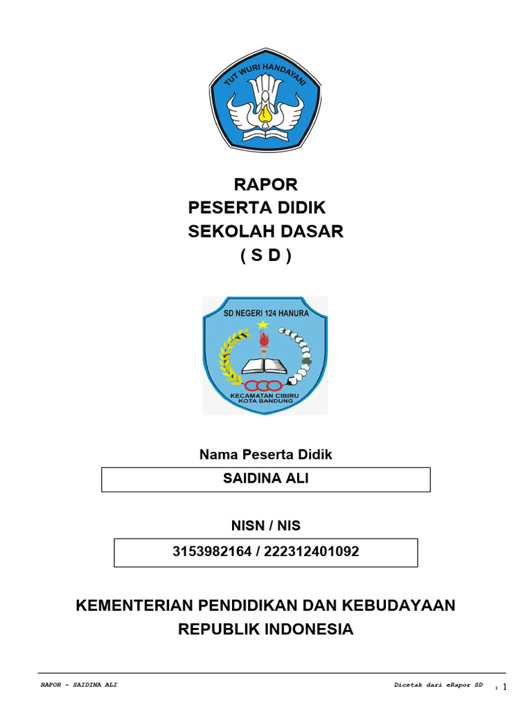 Cover Depan Rapot Saidina Ali | PDF
