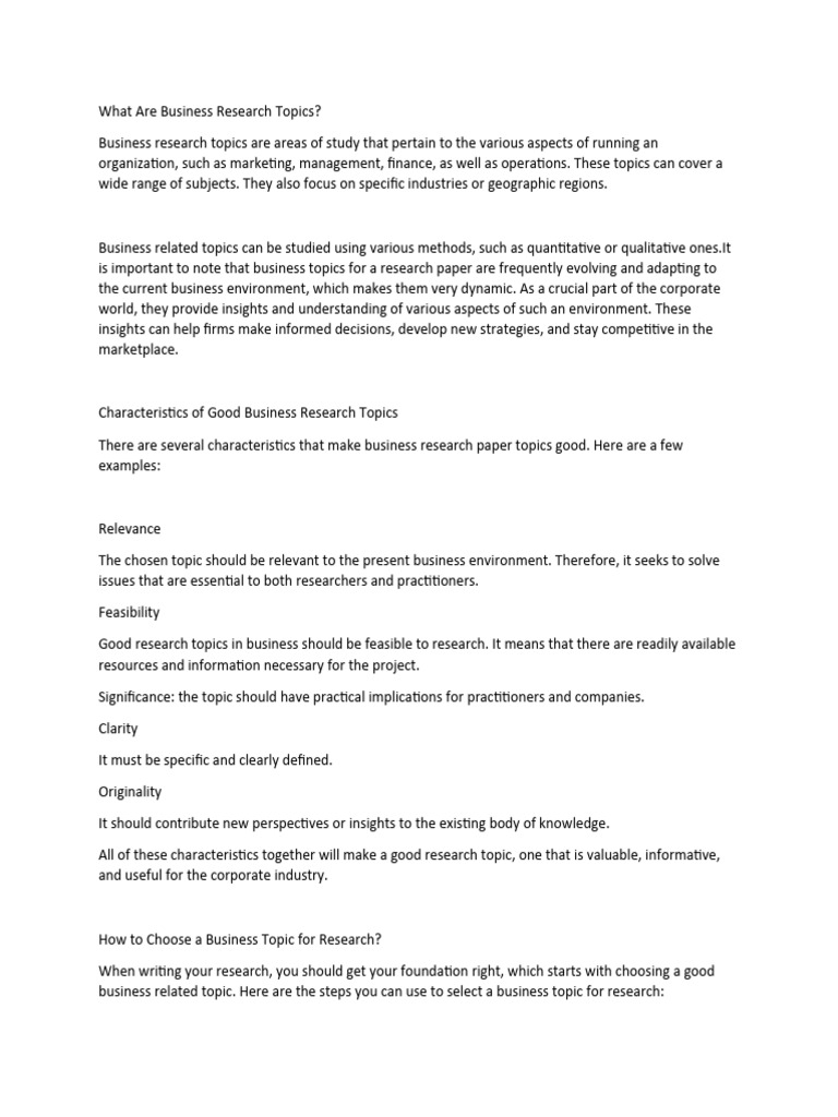 Business Research Topics Guide | PDF | Business | International Business