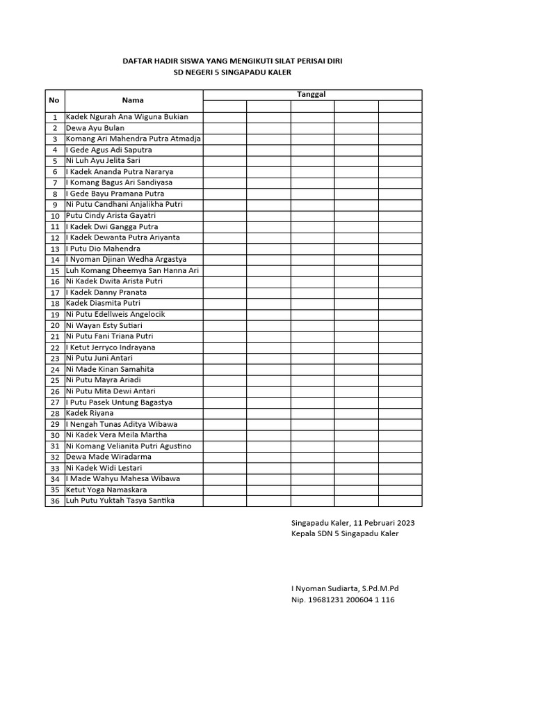 Daftar Hadir Silat SDN 5 Singapadu | PDF