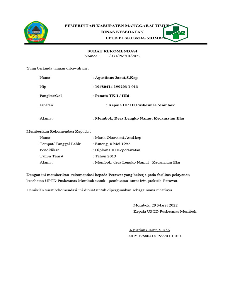 Surat Rekomendasi Pembuatan SIP | PDF