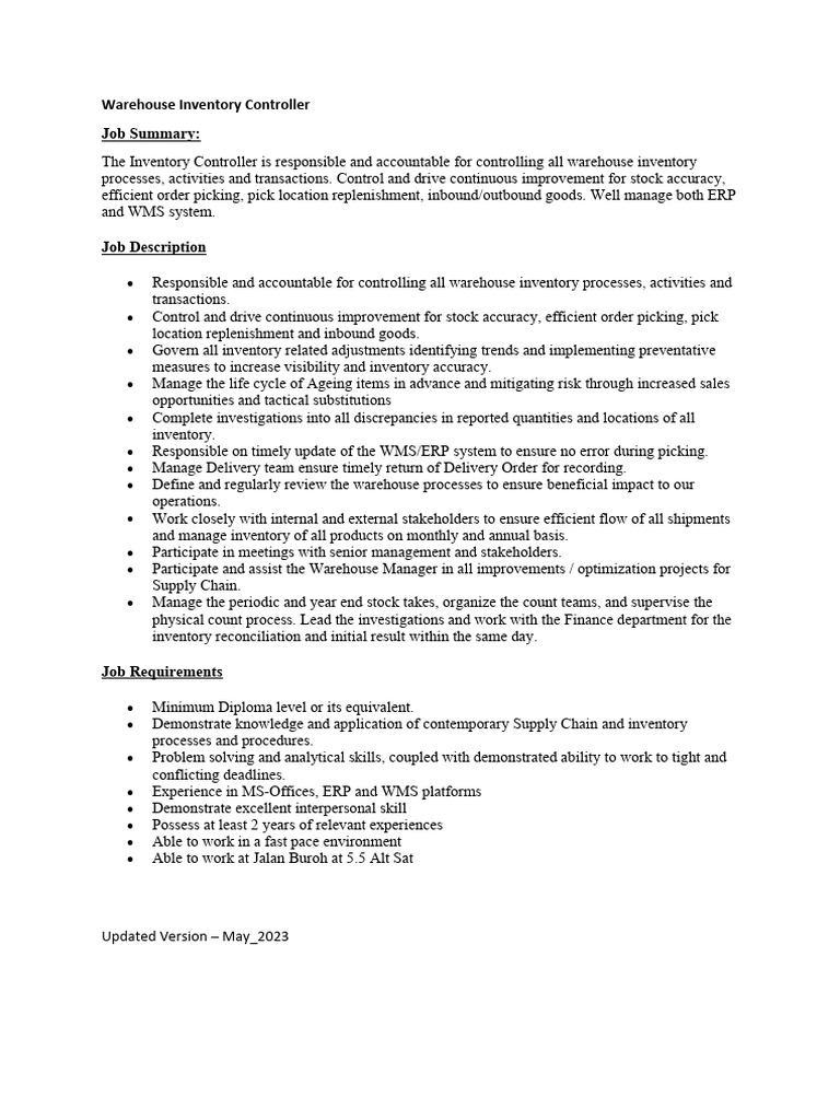 JD - Inventory Controller | PDF | Inventory | Warehouse