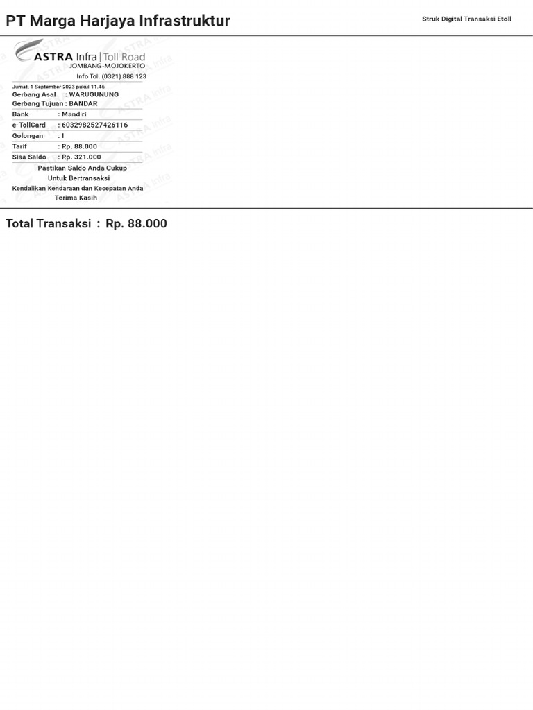 Struk Transaksi ASTRA Infra Toll Road - 203764 | PDF