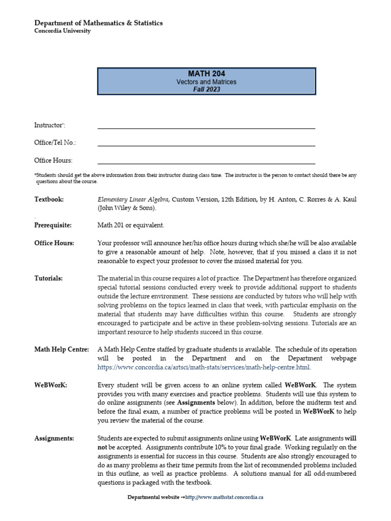 Course Outline - MATH 204 (Fall 2023) | PDF | Determinant | Matrix (Mathematics)
