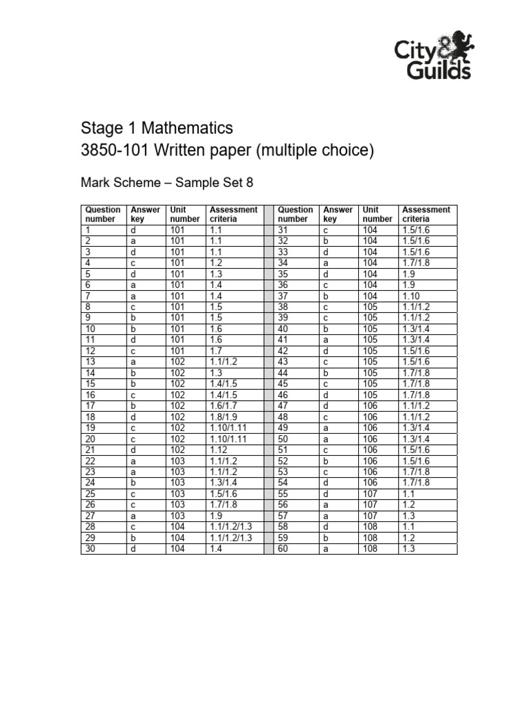 Math Skills Stage 1 Sample Paper Mark Scheme | PDF | Science ...