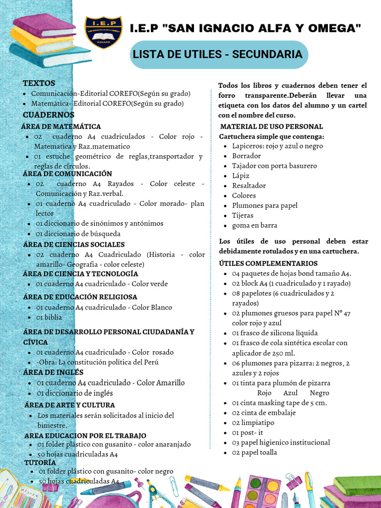Lista de Utiles Secundaria | PDF | Color | Cuaderno