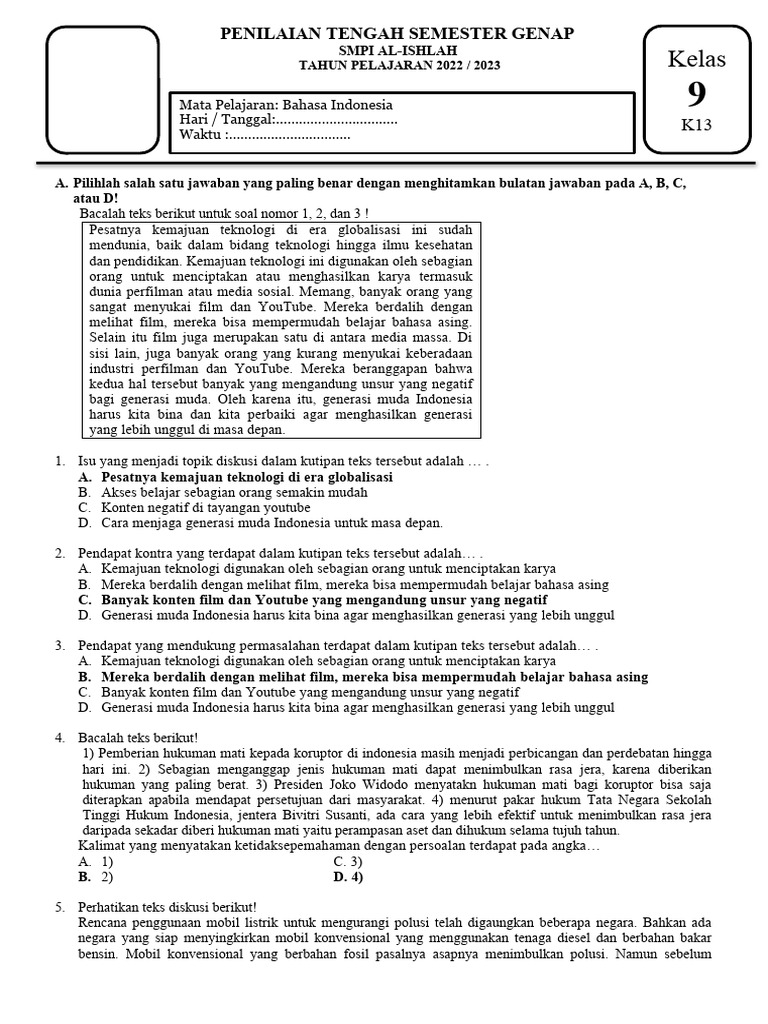 Soal Pts Bahasa Indonesia Kelas Ix | PDF