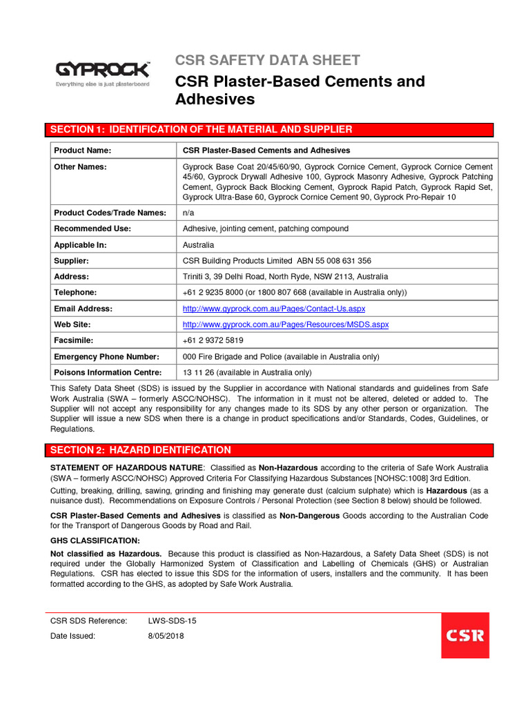 CSR Gyprock Plaster-Based Adhesives SDS | PDF | Dangerous Goods | Drywall
