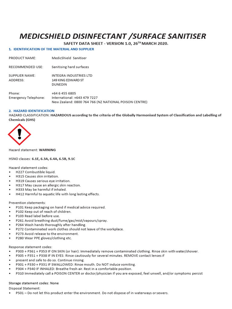 MedicShield Disinfectant Safety Data Sheet | PDF | Materials | Labor ...
