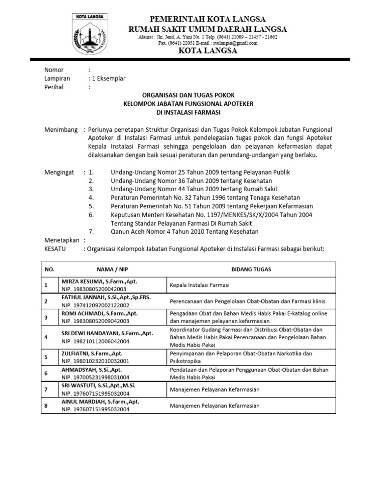 Struktur Tugas Apoteker RSUD Langsa | PDF
