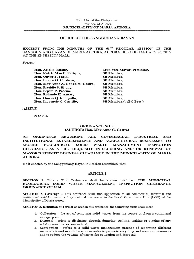 1.ordinance No. 1-SWM Ins. Clearance | Download Free PDF | Municipal ...