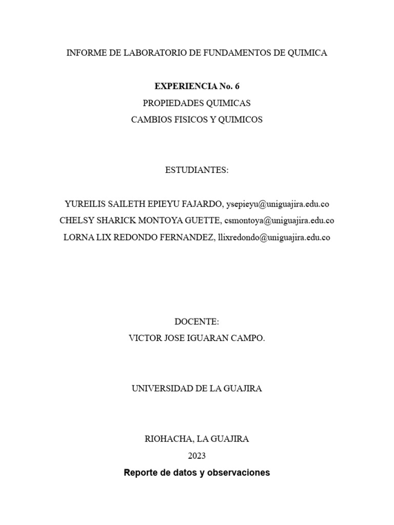 Informe de Laboratorio de Fundamentos de Quimica | Descargar gratis PDF | Ácido clorhídrico ...