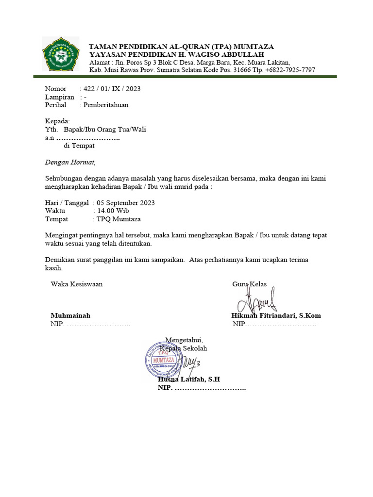 Surat Pemanggilan Ortu Alpa | PDF