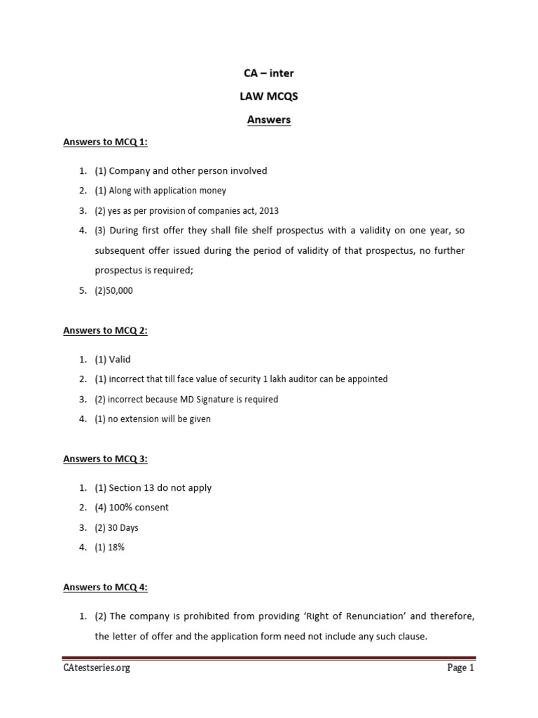 Ca Inter Law Case Study MCQ Answers 1620378303 | PDF | Private Law ...
