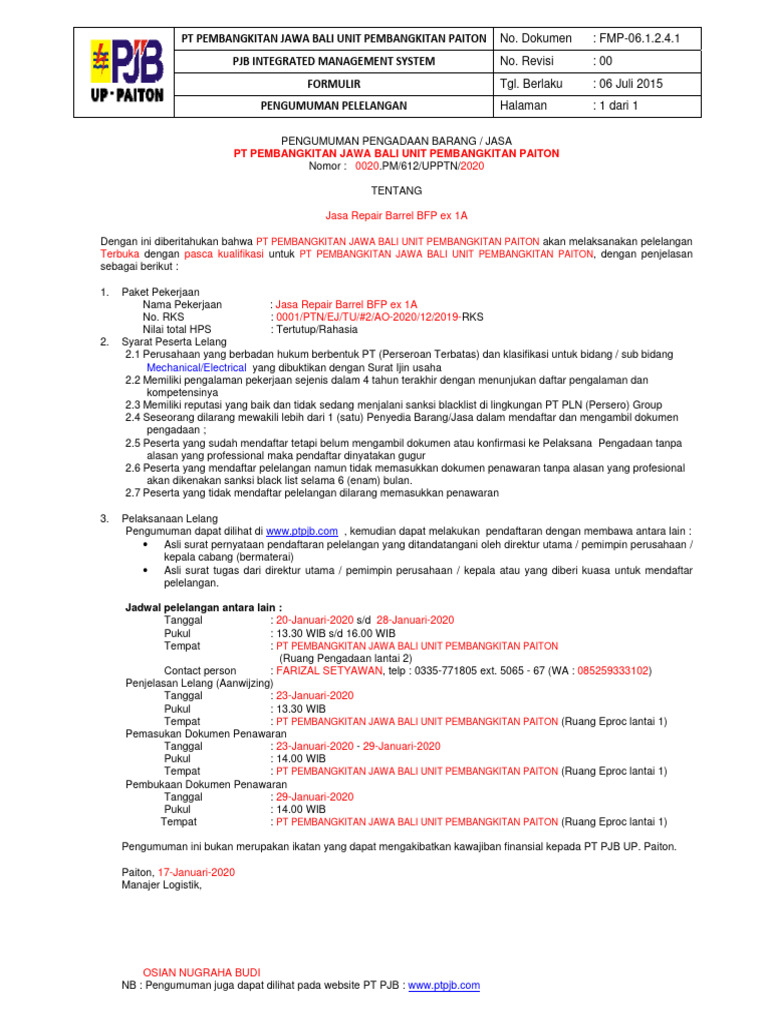 PJB Paiton - Barell Pump BFP Ex 1 | PDF