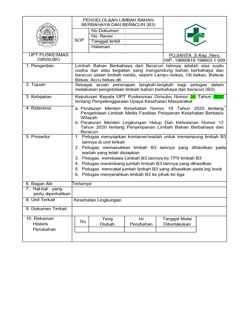 Sop Pengelolaan Limbah B3 | PDF